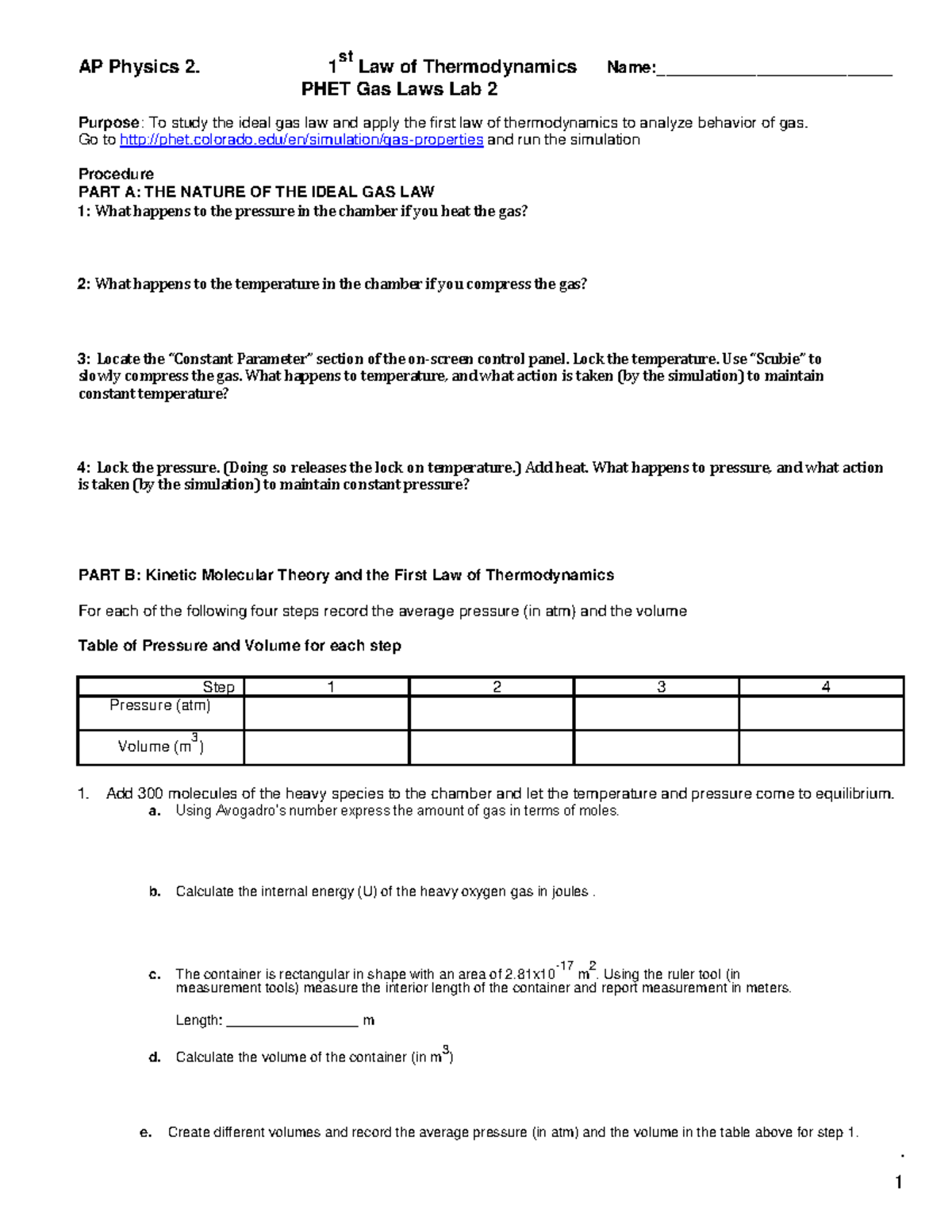 PHYS 2.1 Lab: PHET Gas Laws & Thermodynamics Analysis - Studocu