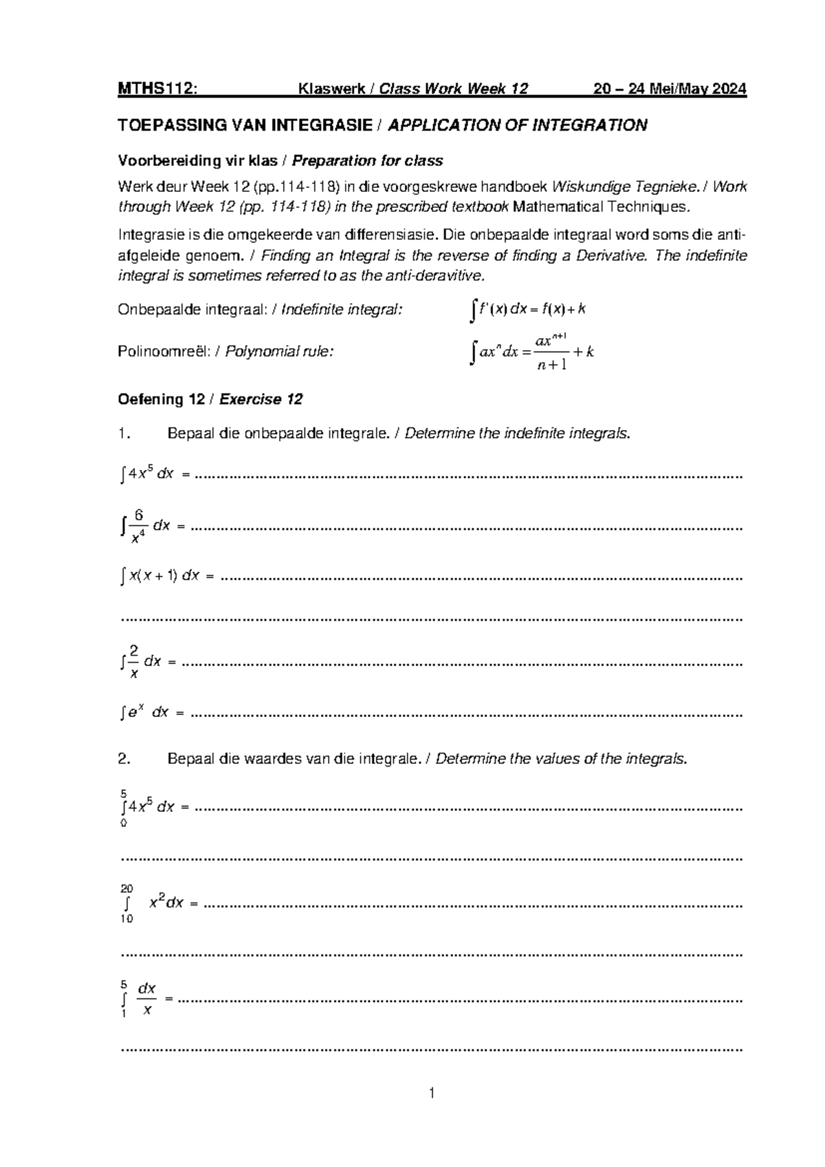 MTHS112 Week 12 Class Work: Application of Integration - Studocu