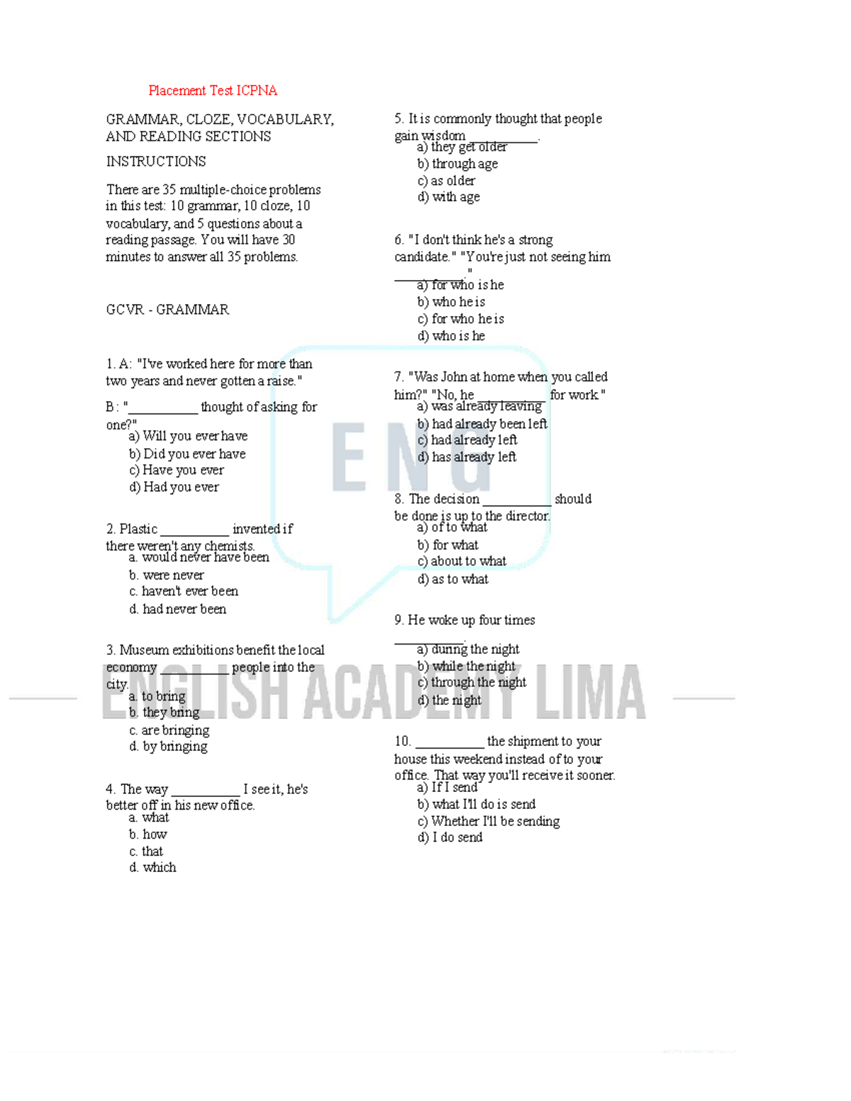 GCVR Placement Test: Grammar, Cloze, Vocabulary & Reading Sections ...