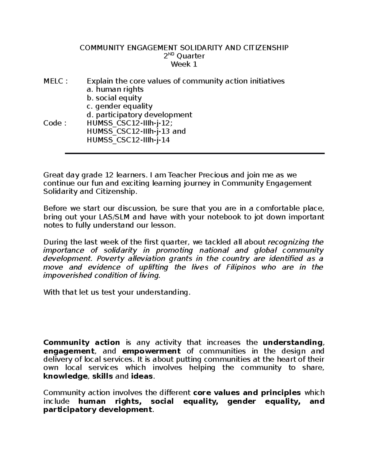 Script CESC 2nd Quarter W1 - COMMUNITY ENGAGEMENT SOLIDARITY AND ...