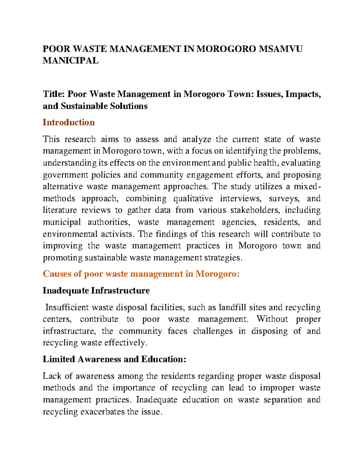 Poor Waste Management in Morogoro MSAMVU: Challenges & Solutions - Studocu
