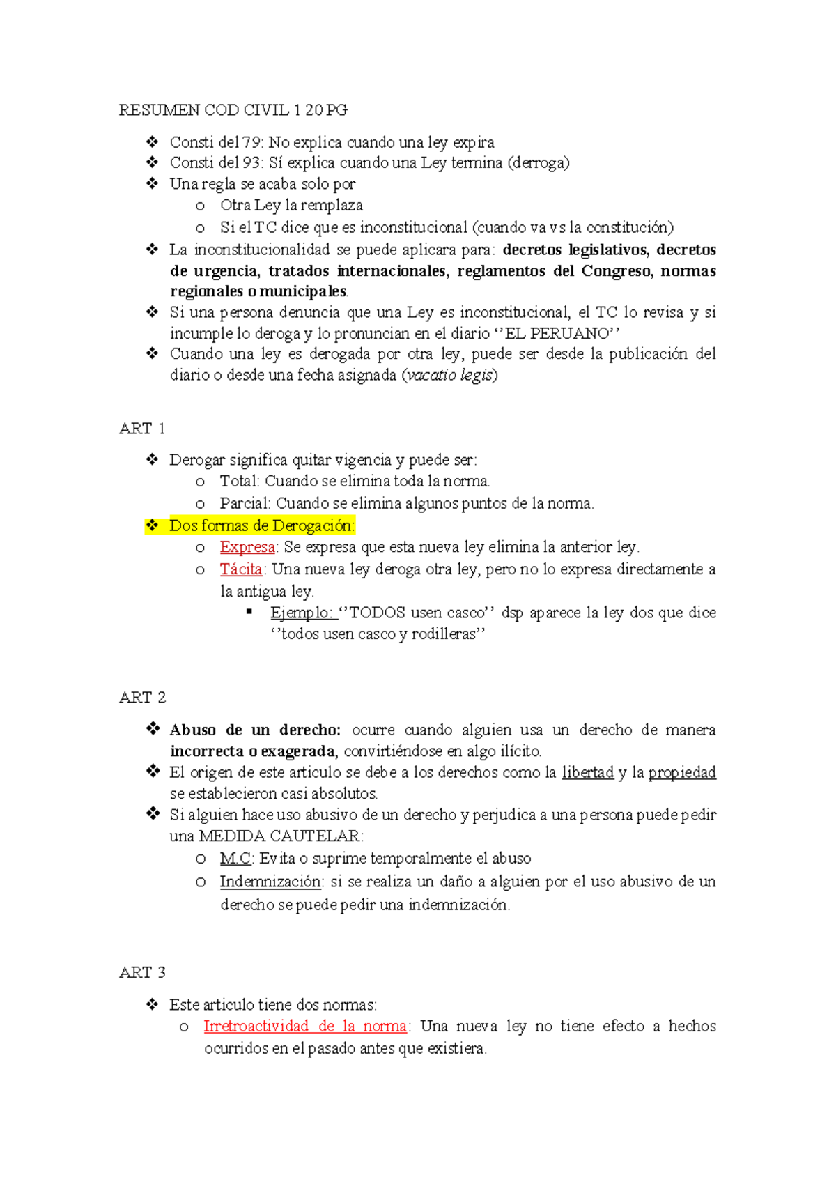 Resumen COD CIVIL 1 20 PG: Derogación y Efectos de las Leyes - Studocu