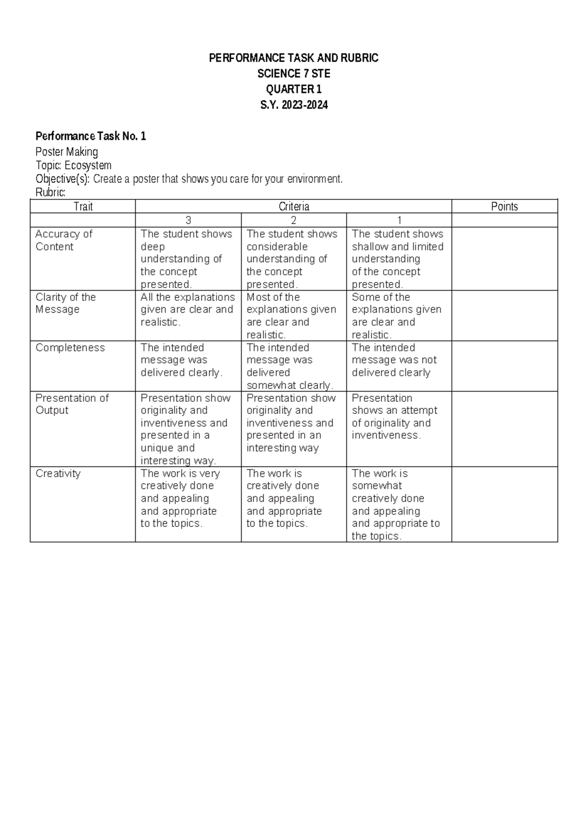Performance Task SCI 7 STE: Ecosystem Poster & Diorama Rubric - Studocu