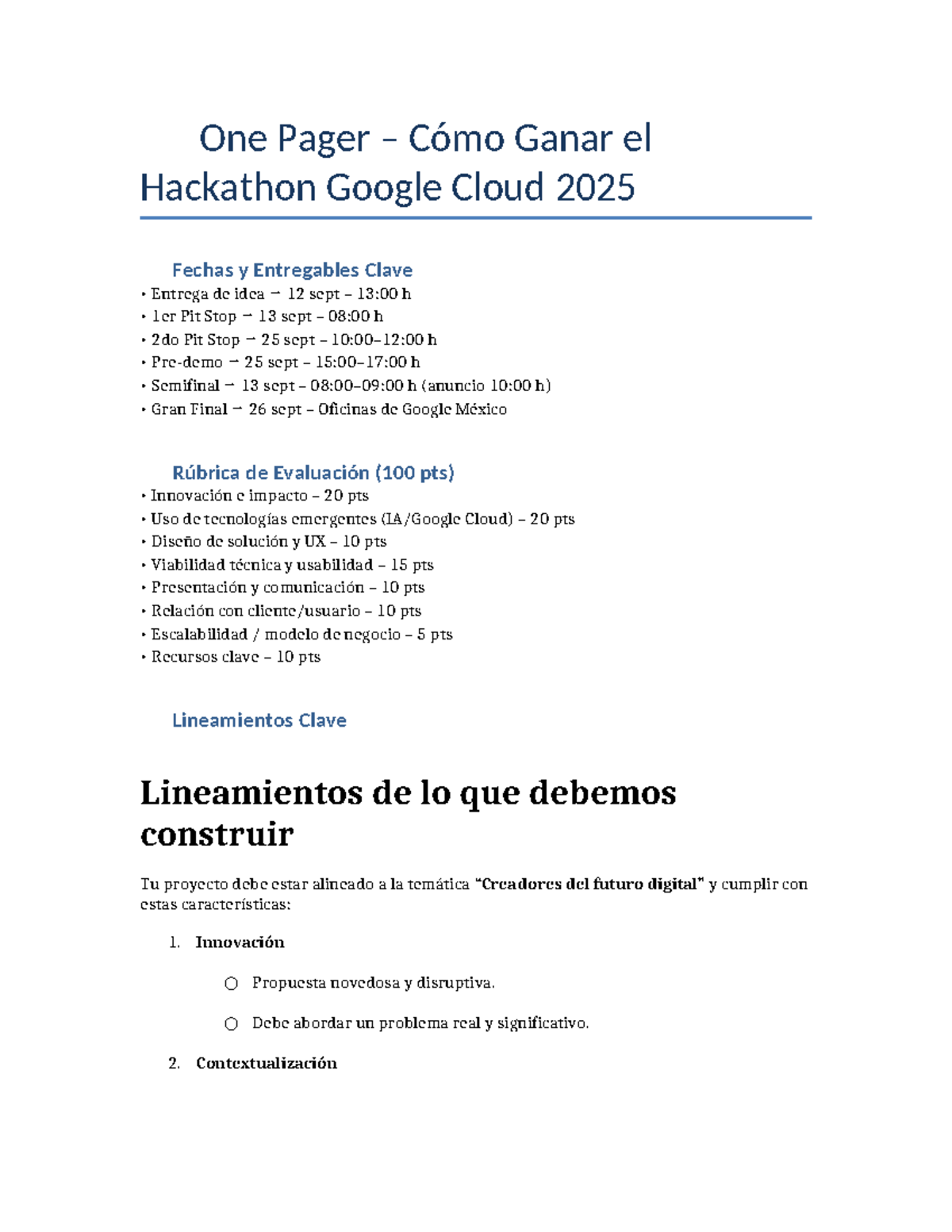 One Pager: Guía para Ganar el Hackathon Google Cloud 2025 - Studocu