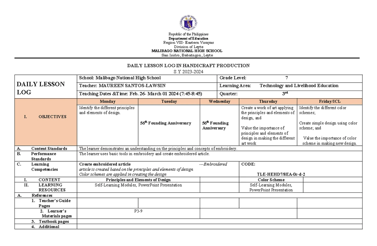 TLE 8 Handicraft Lesson Plan & Daily Log - Week 3, Nov 2023 - Studocu