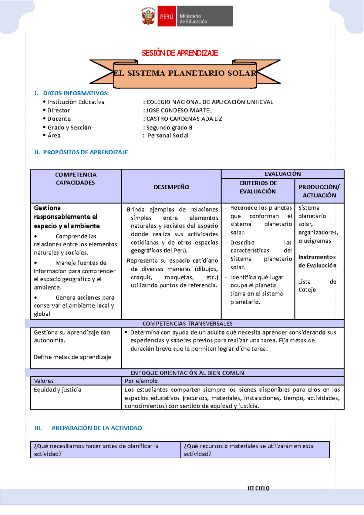Sistema Planetario Solar - Segundo Grado B - Sesión de Aprendizaje ...