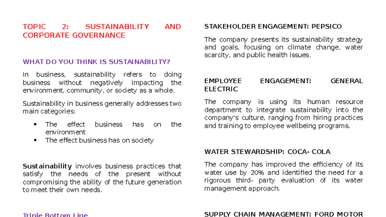 Topic 2: Sustainability & Corporate Governance in Business (CBME) - Studocu