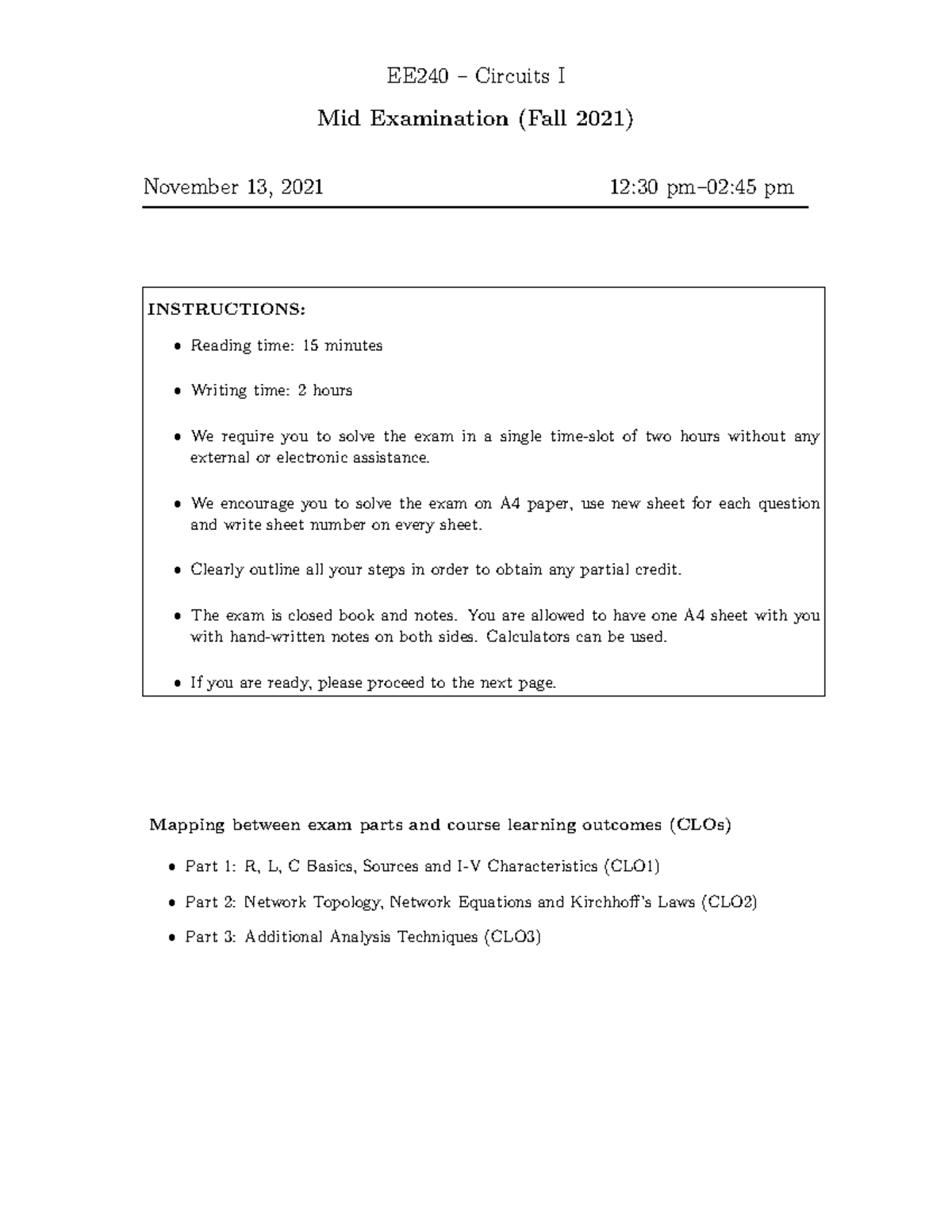 EE240 Circuits I Midterm Exam (Fall 2021) - November 13, 2021 - Studocu