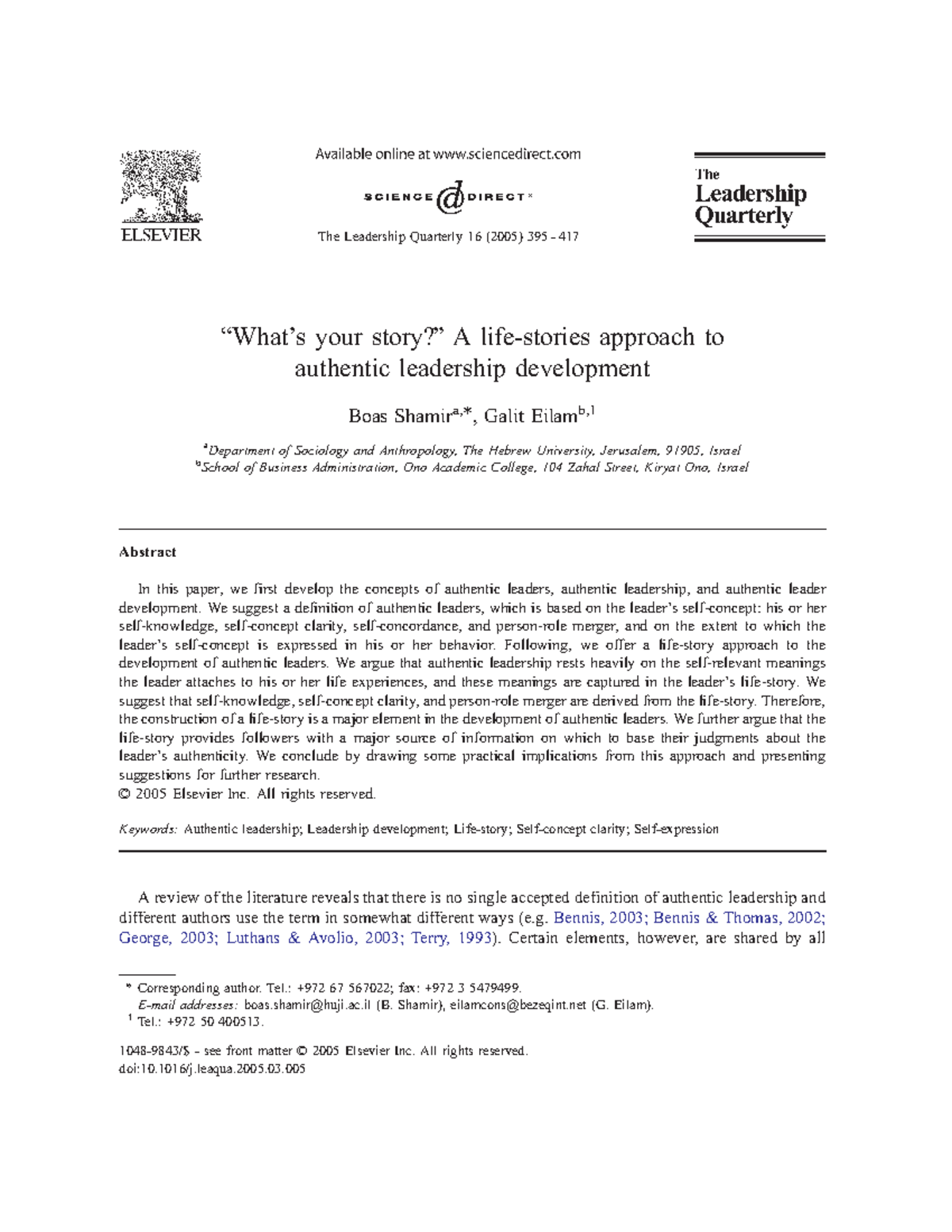 Shamir & Eilam (2005) - Life-Stories in Authentic Leadership ...