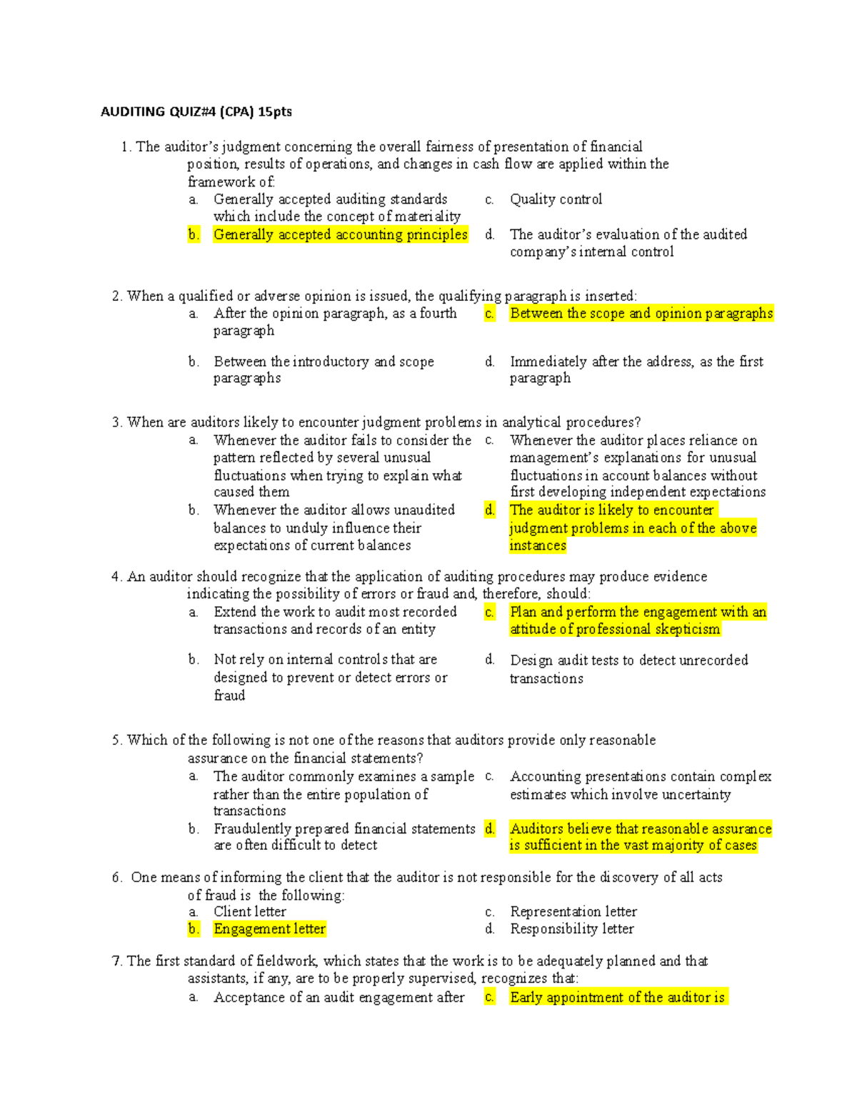 QUIZ4 CPA Auditing Questions and Answers - Studocu