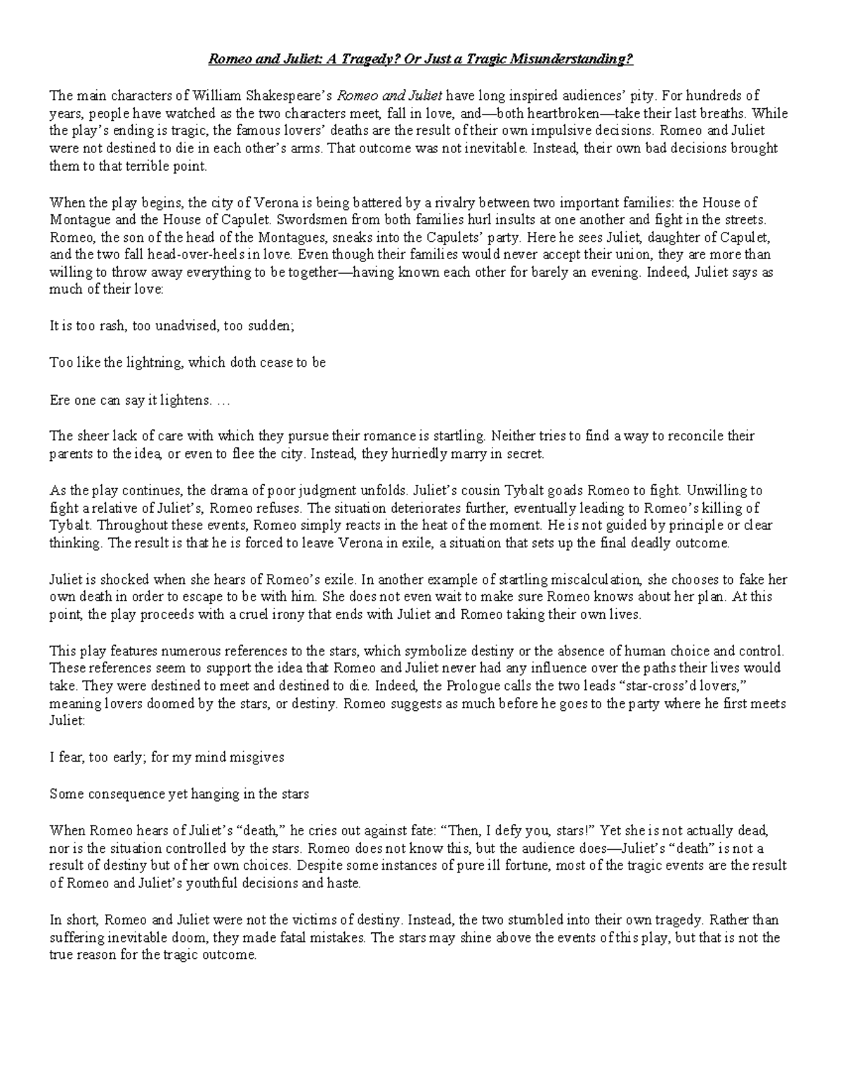 Romeo and Juliet: A Tragic Tale of Impulsiveness and Fate - Studocu