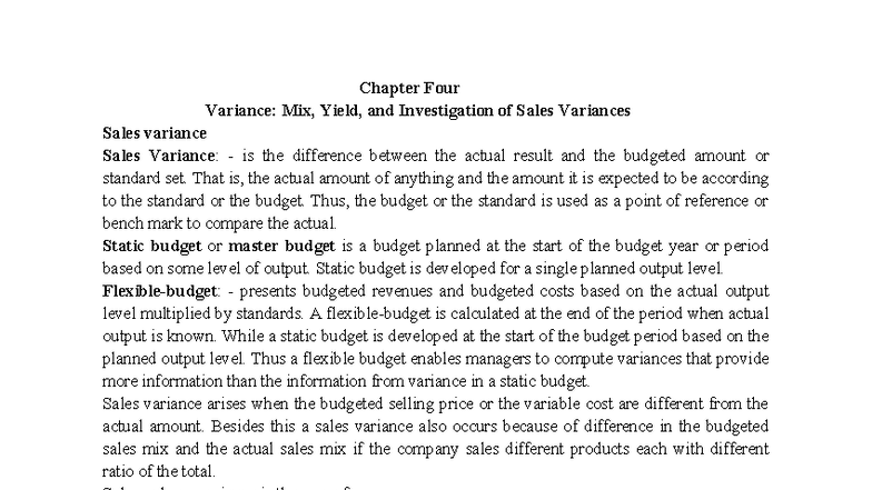 Cost II Chapter 4: Variance Analysis of Sales and Inputs - Studocu