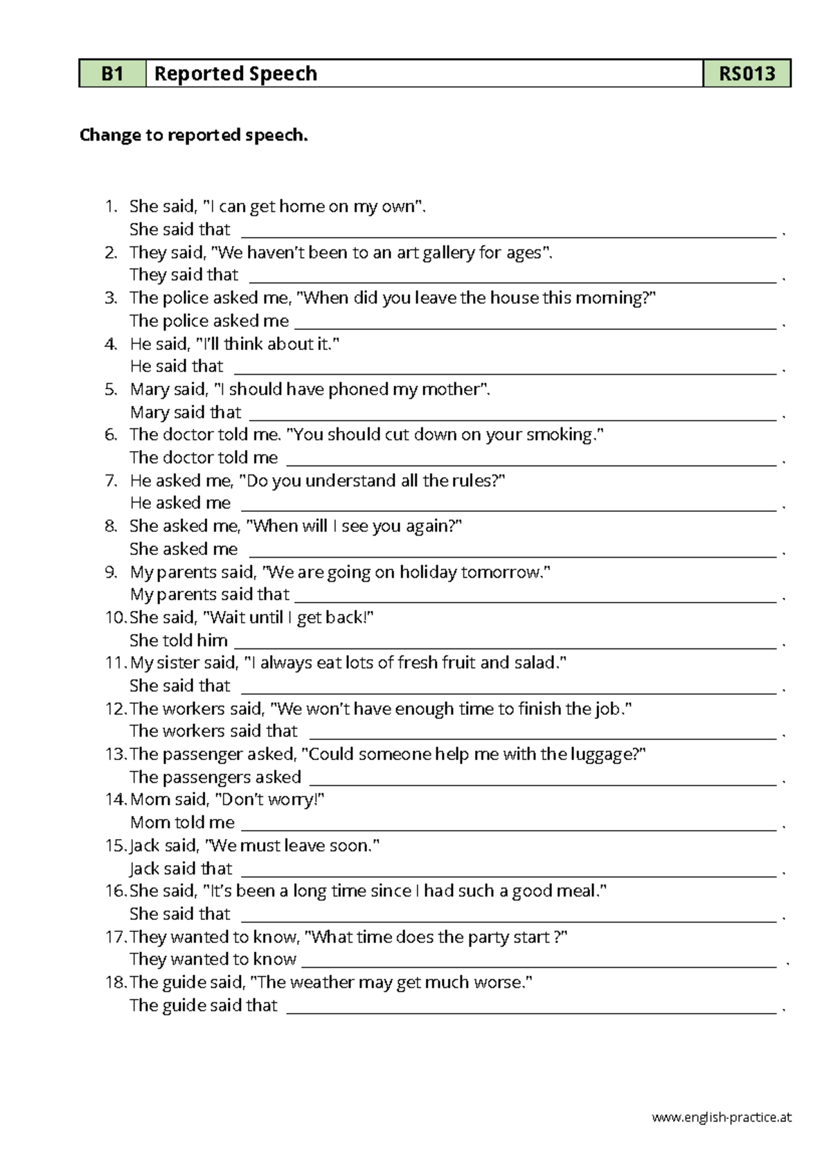 Activity 1 reported speech - english-practice B1 Reported Speech RS ...