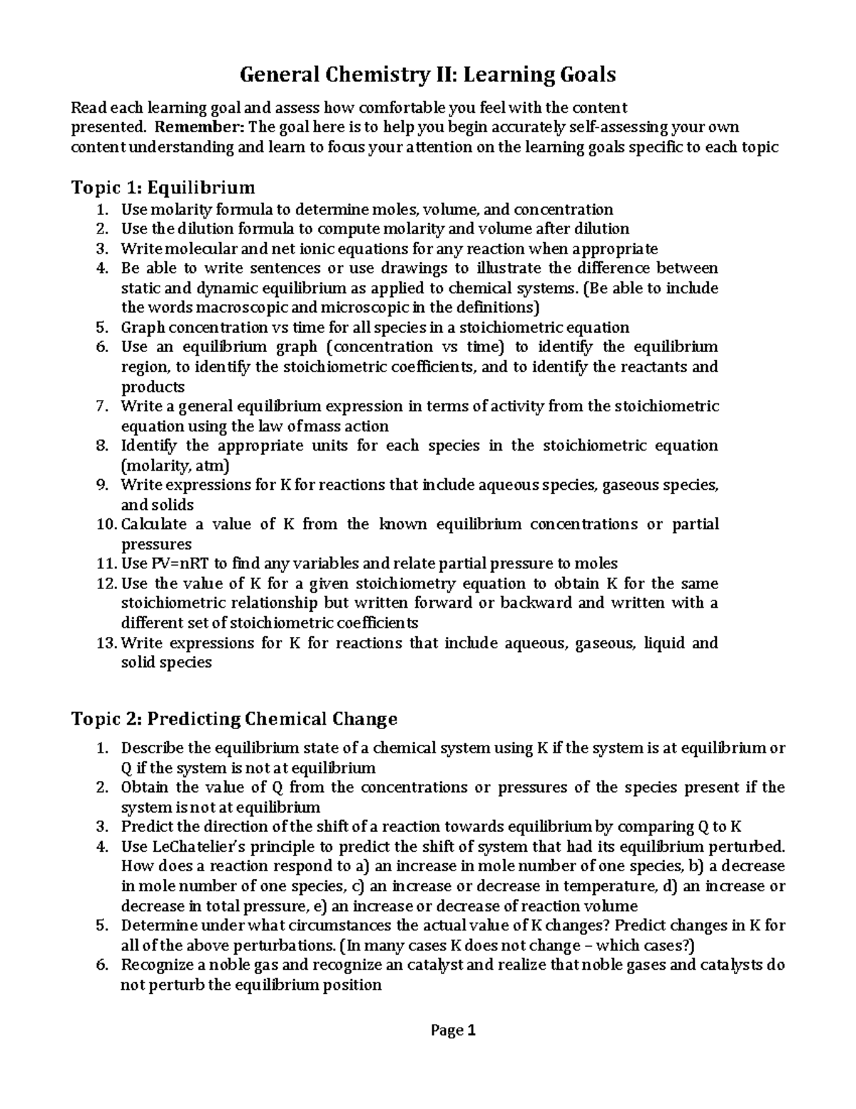 104 General Chemistry II Learning Goals Overview - Studocu