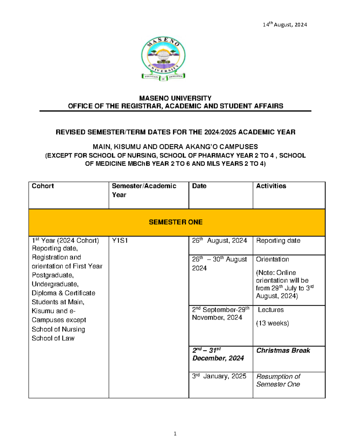 Revised Semester Dates for 2024/2025 Academic Year at Maseno Univ ...