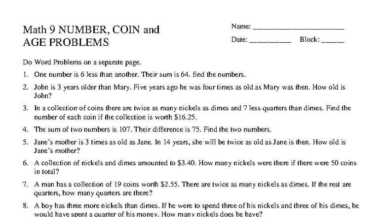 Math 9 Word Problems Worksheet: Number, Coin & Age Problems - Studocu