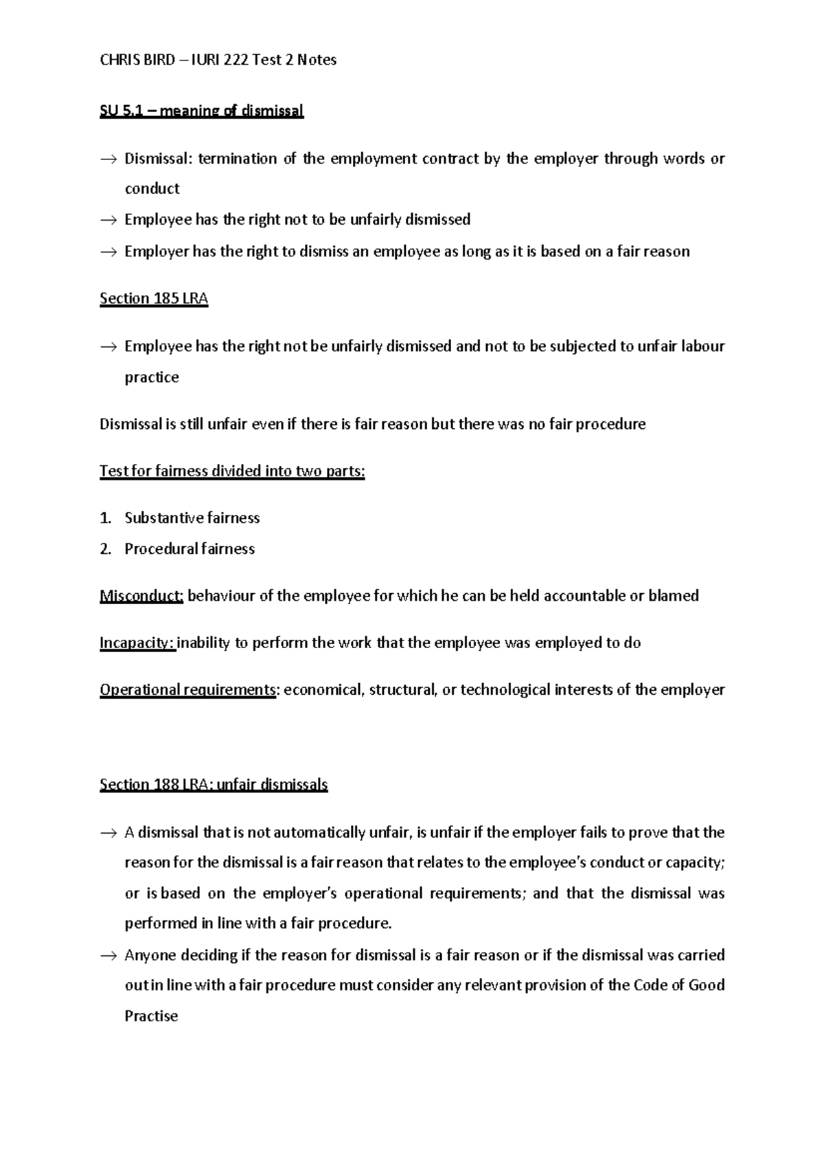 IURI 222 Test 2 Notes on Dismissal Procedures and Fairness - Studocu