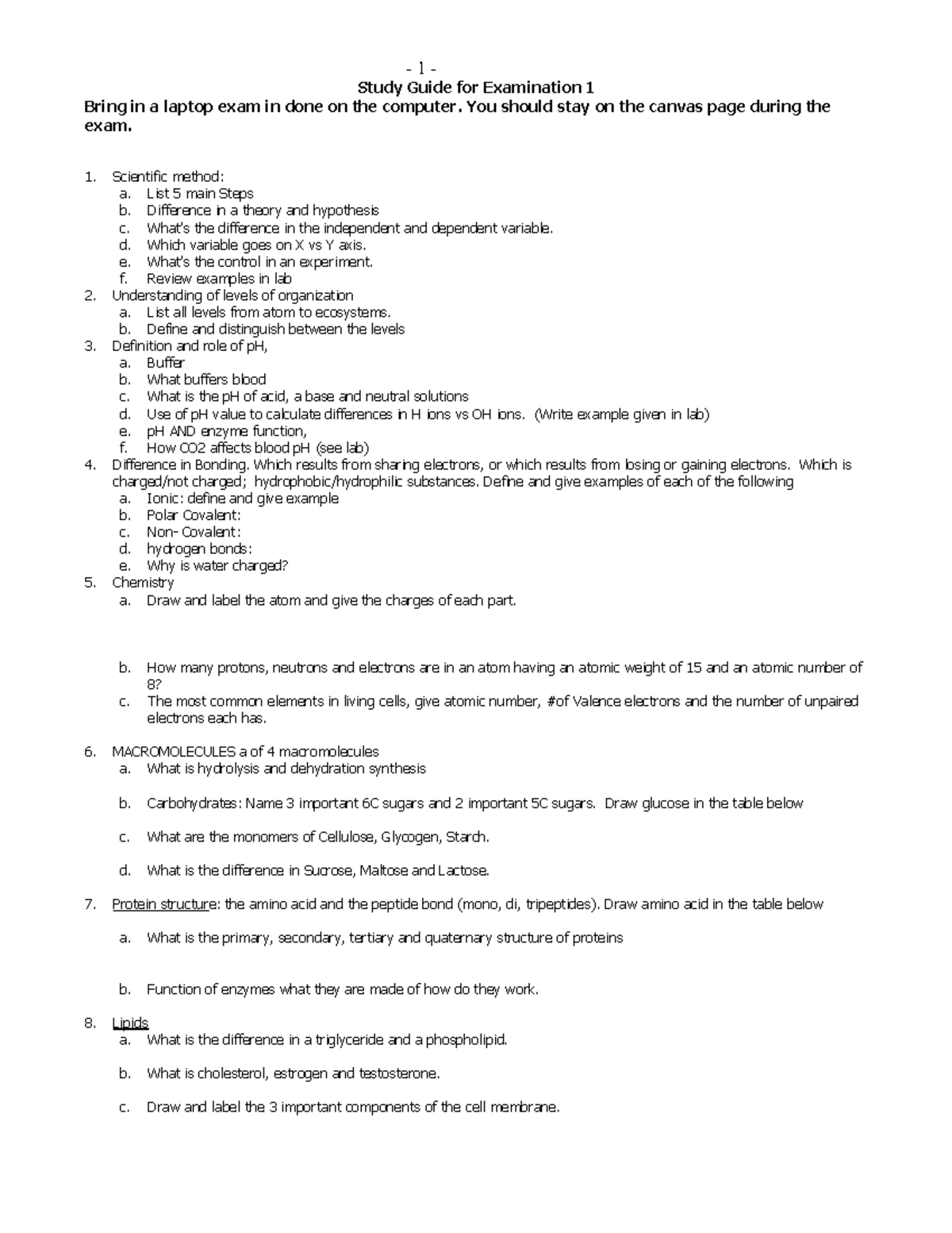Study Guide for Exam 1: Bio Concepts & Macromolecules - Studocu