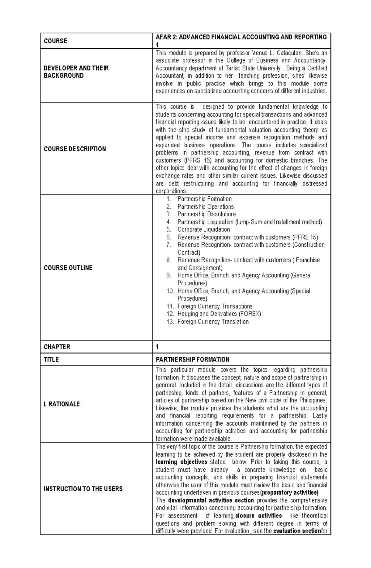 1-partnership-formation - COURSE AFAR 2: ADVANCED FINANCIAL ACCOUNTING ...