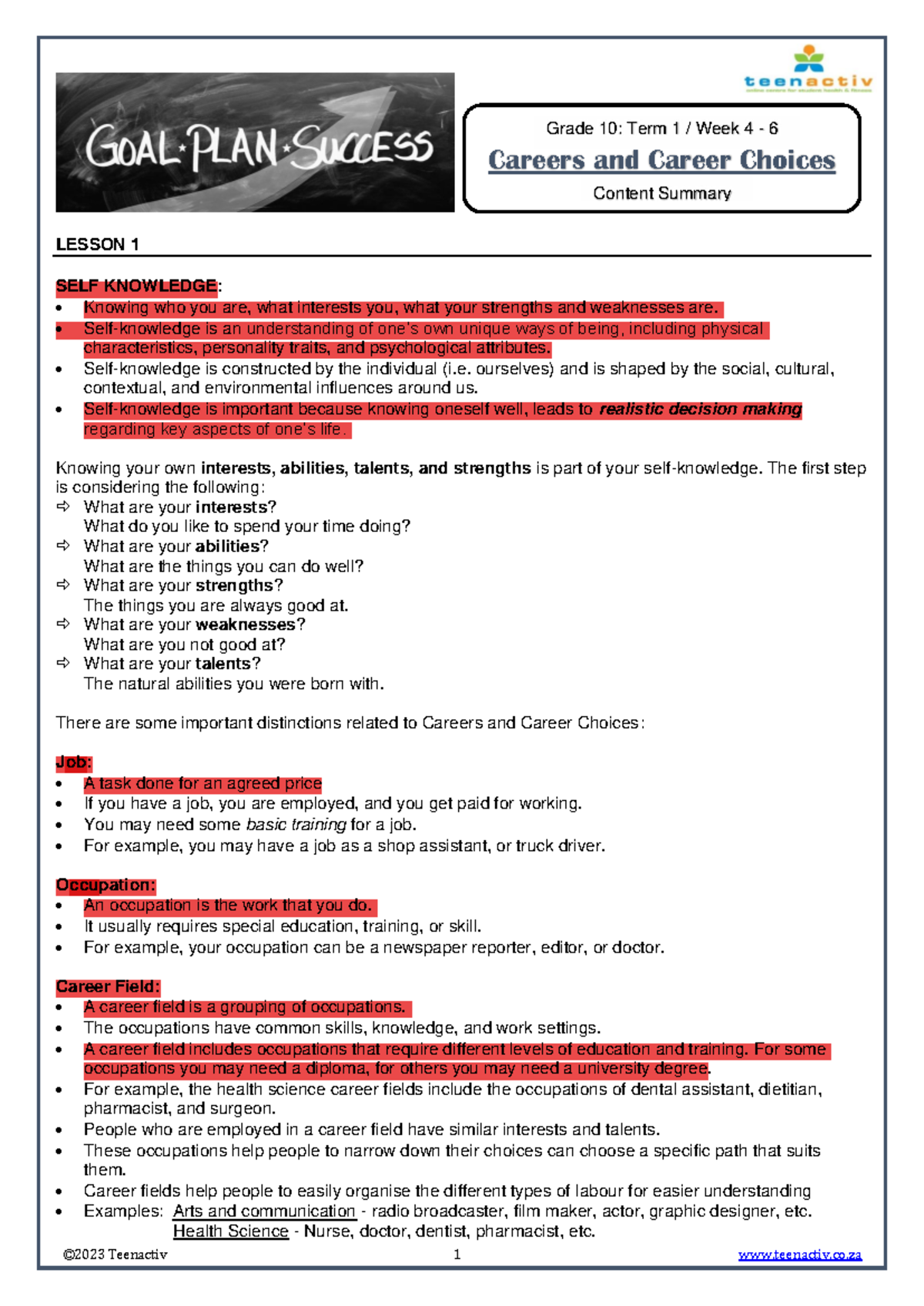 Grade 10: Term 1 Week 4 - Careers and Career Choices Overview - Studocu