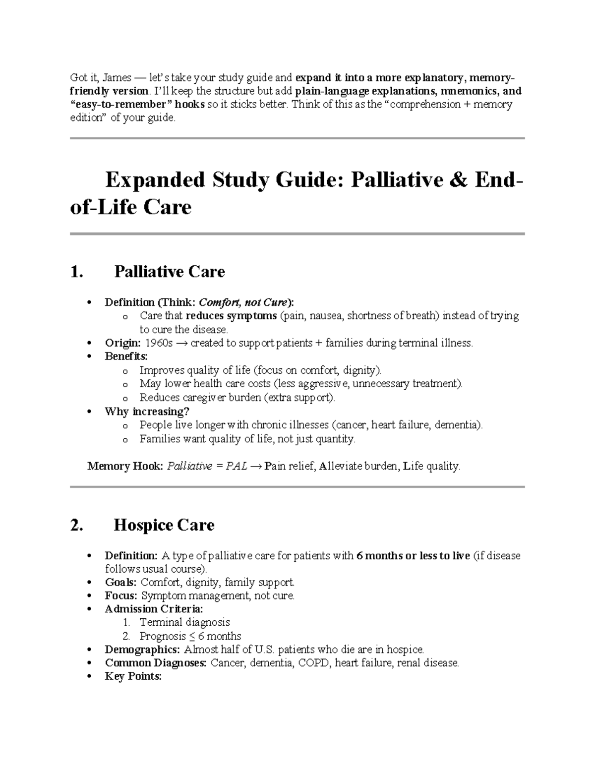 Expanded Study Guide: Palliative Care 212 - Memory-Friendly Version ...