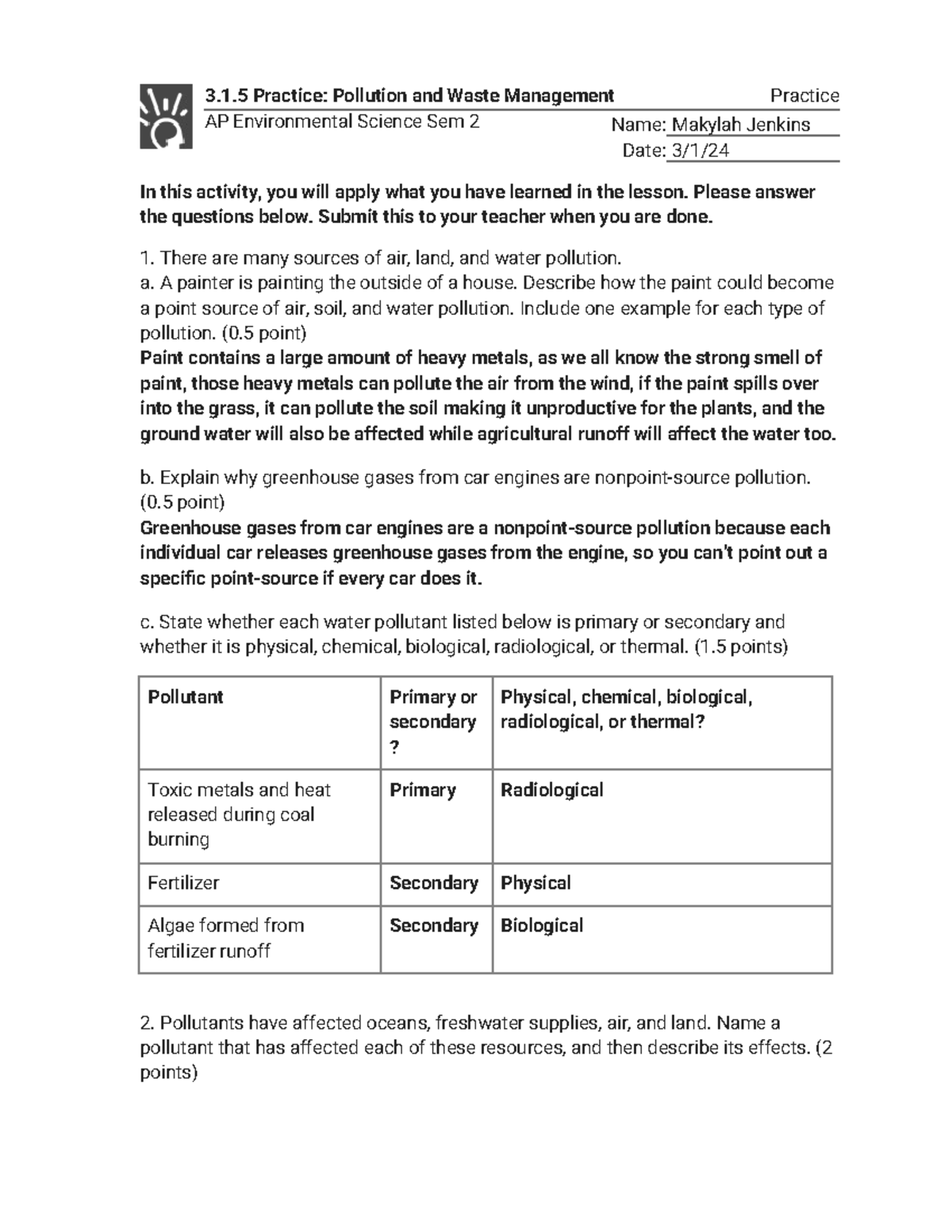 3.1.5 Practice - AP Environmental Science: Pollution & Waste Management ...