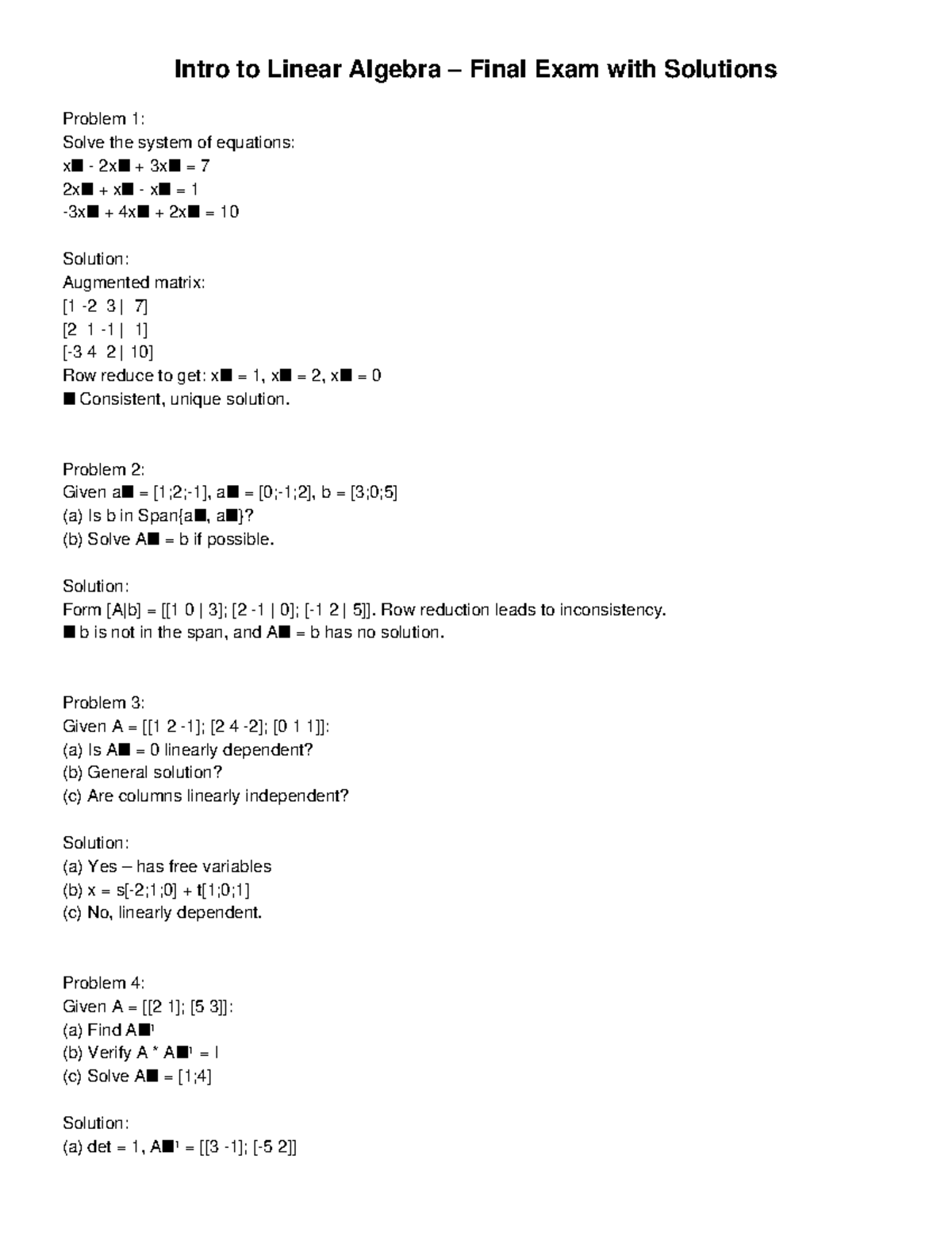 Linear Algebra Final Exam with Solutions - Intro to Linear Algebra ...