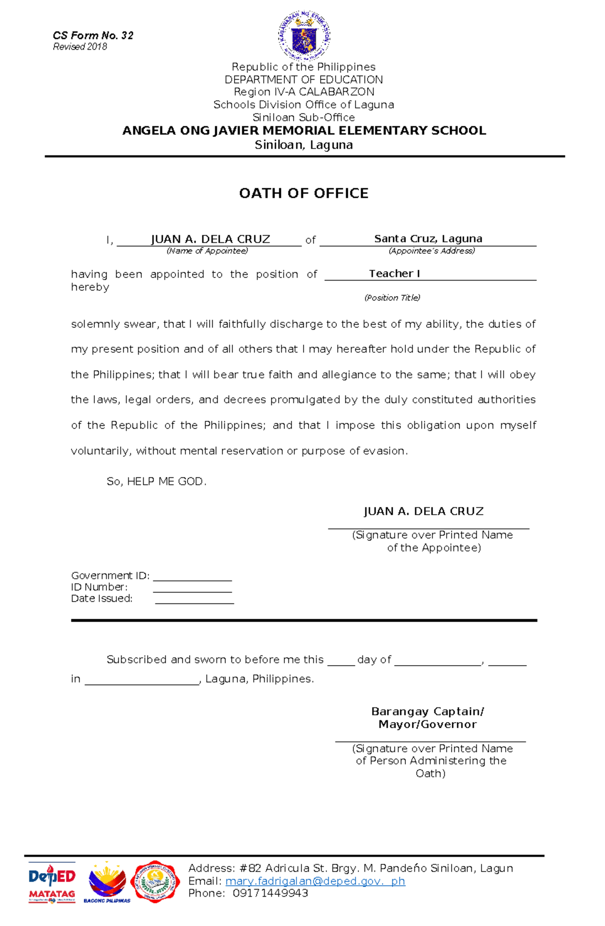 Oath of Office New Template - CS Form No. 32 Revised 2018 Republic of the Philippines DEPARTMENT ...