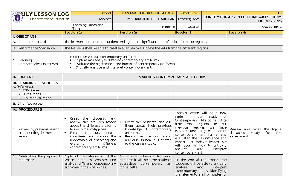 CPAR Q1 W3 - Daily Lesson Log on Contemporary Arts - Studocu