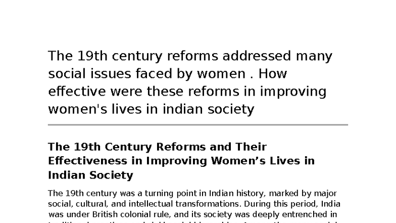 BA Hons History: 19th Century Reforms and Their Impact on Women - Studocu