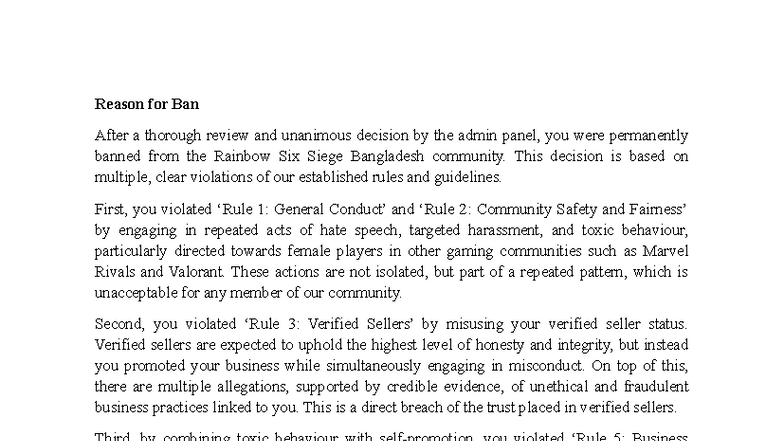 R6 COM BAN - Permanent Ban Reasons and Final Decision - Studocu