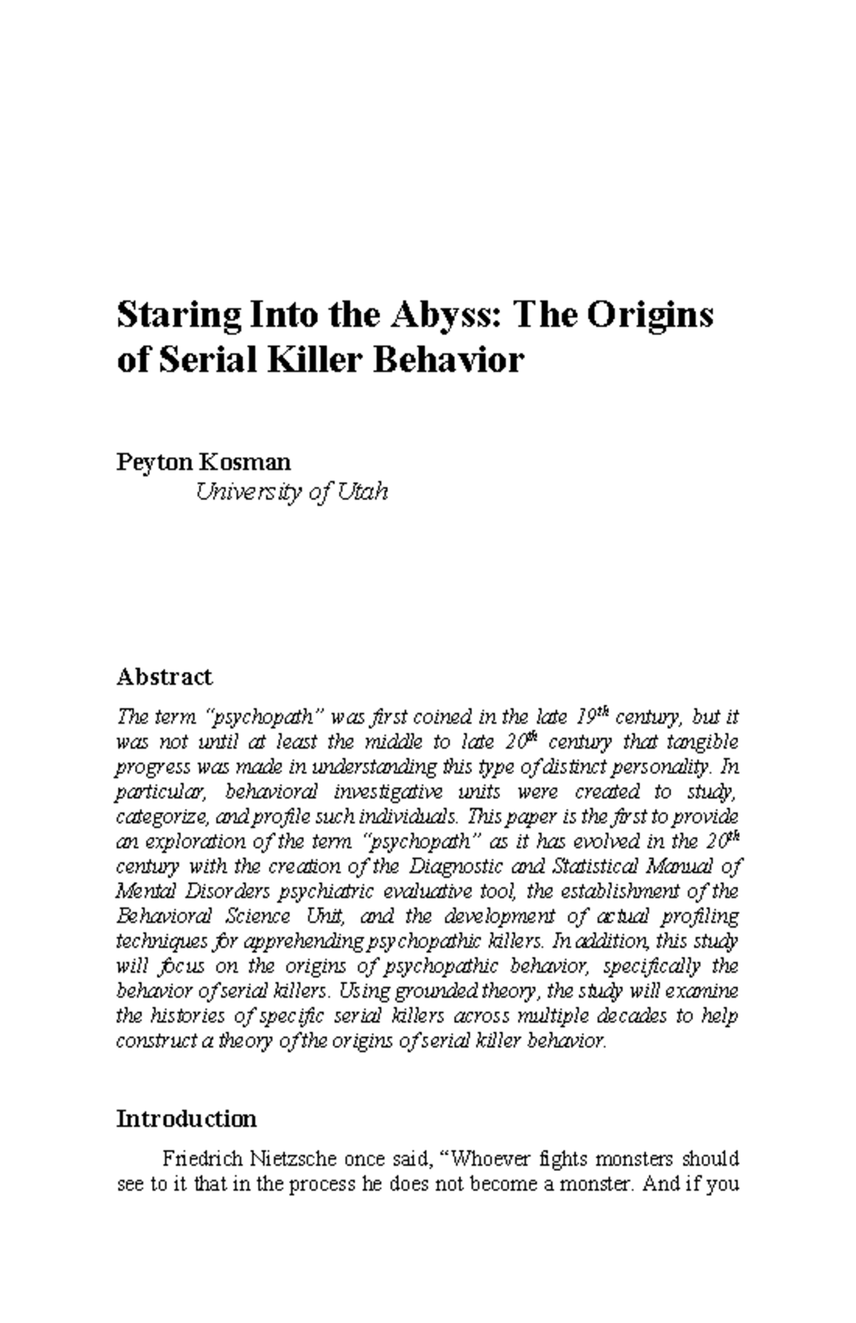 Exploring the Origins of Serial Killer Behavior: A Study (SOC 334 ...