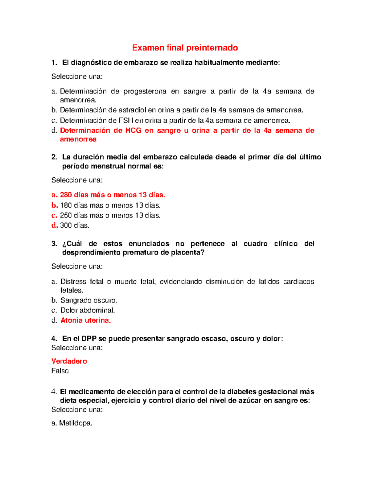 Examen Final Preinternado 1: Diagnóstico y Manejo del Embarazo - Studocu