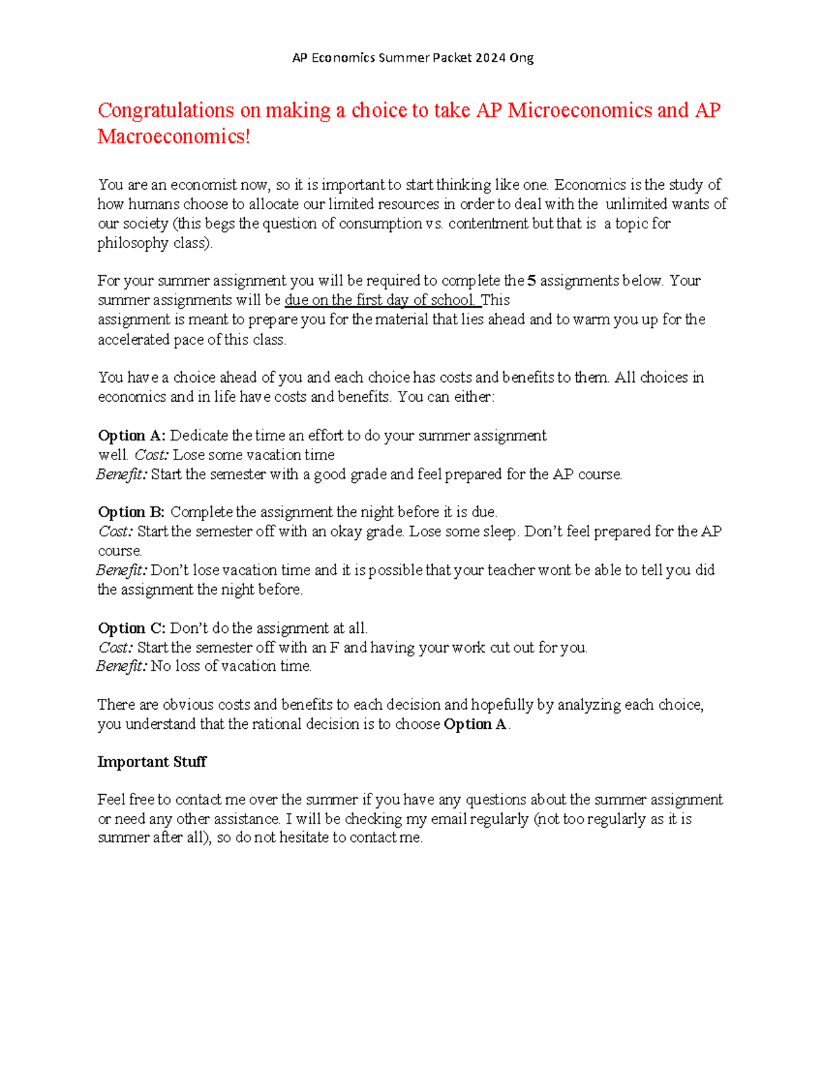 AP Econ Summer Enrichment Packet 2024: Micro & Macro Assignments - Studocu