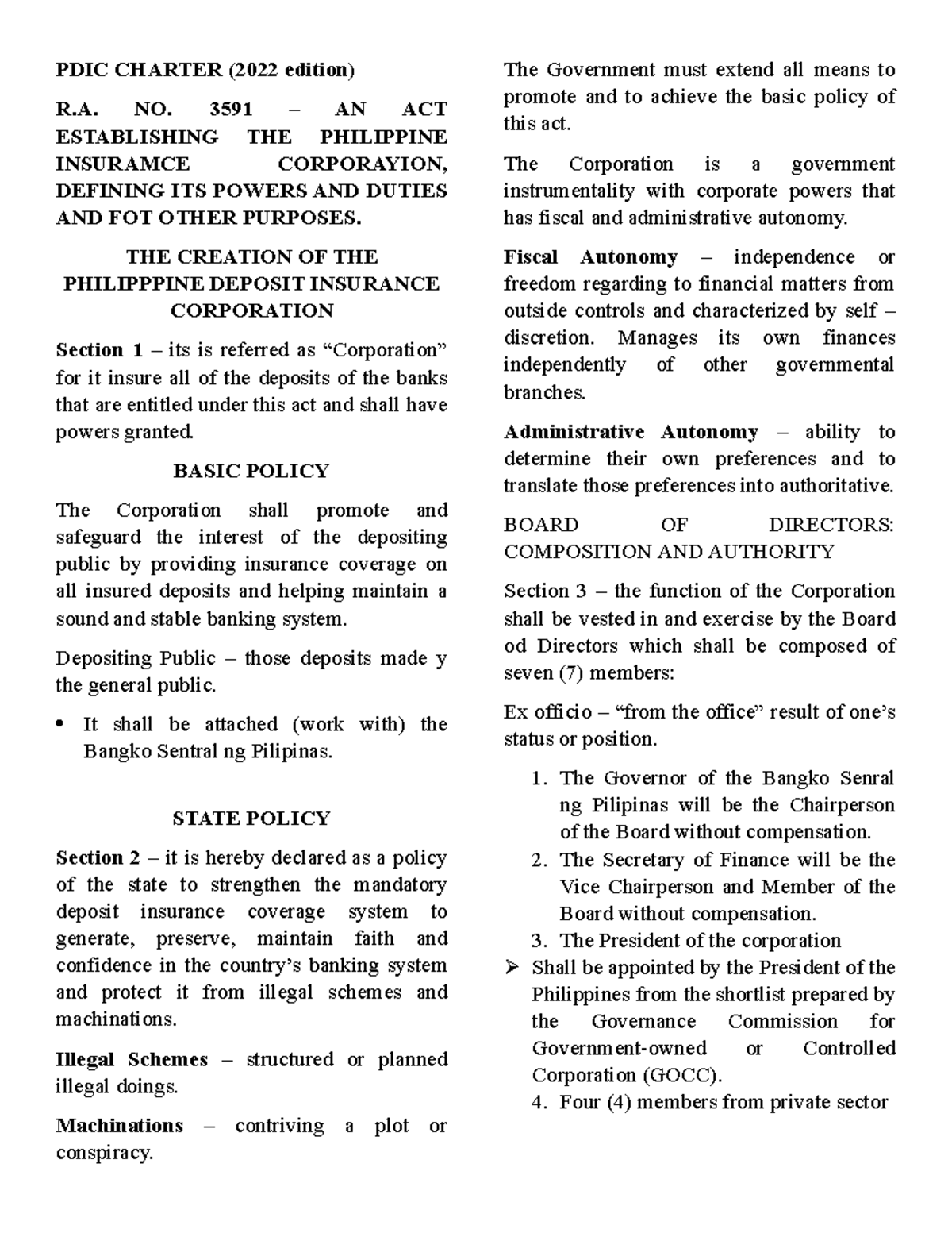 PDIC Charter - nice - PDIC CHARTER (2022 edition) R. NO. 3591 – AN ACT ESTABLISHING THE ...