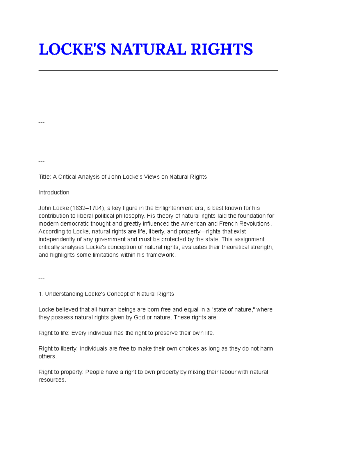 Locke's Natural Rights: A Critical Analysis of His Philosophy - Studocu