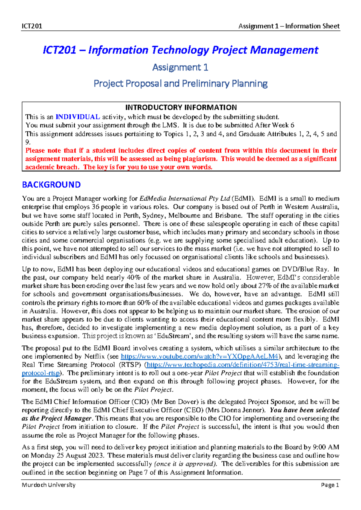 ICT201-Assignment-01 - ICT201 – Information Technology Project Management Assignment 1 Project ...