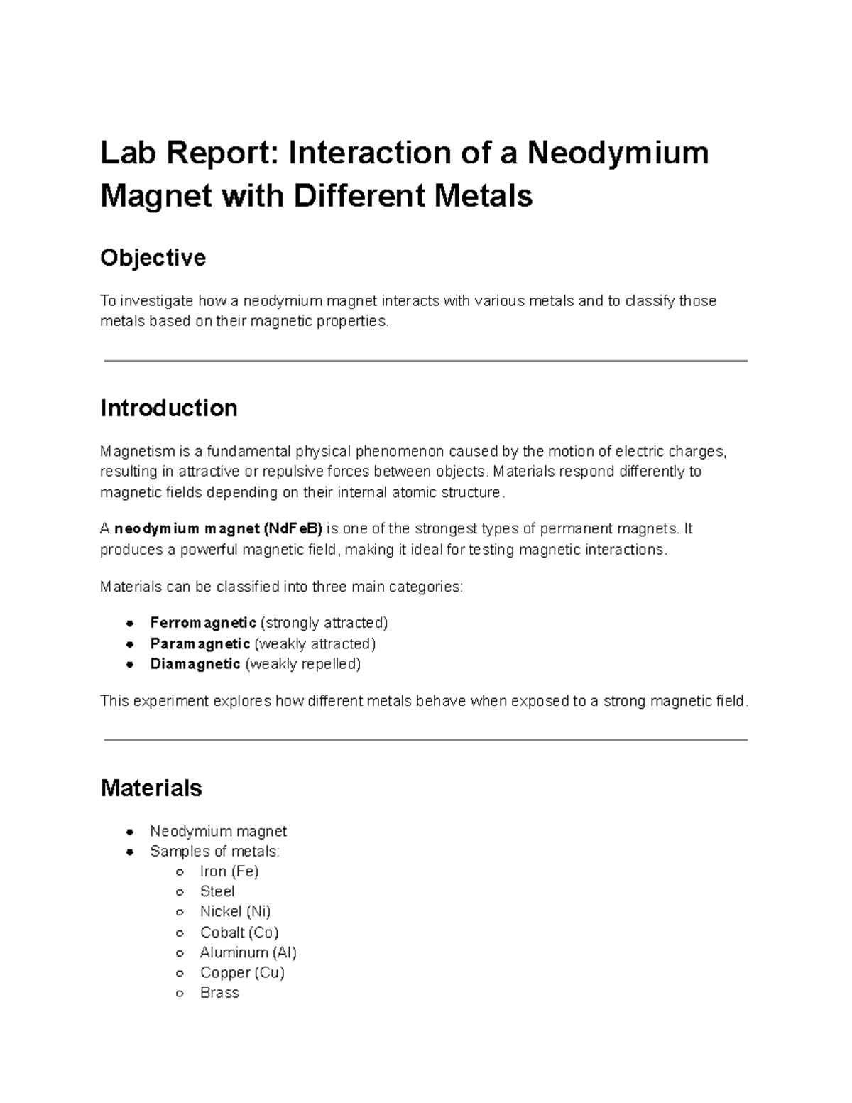 Lab Report: Neodymium Magnet Interaction with Metals - Studocu