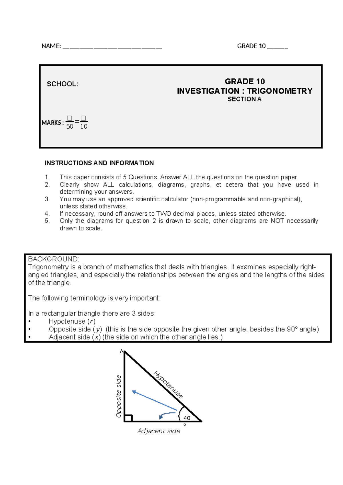 Grade 10 Trigonometry Investigation - Question Paper and Instructions ...