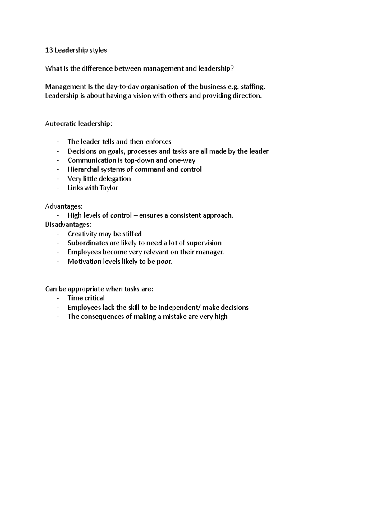 A-level Notes on 13 Leadership Styles and Their Implications - Studocu