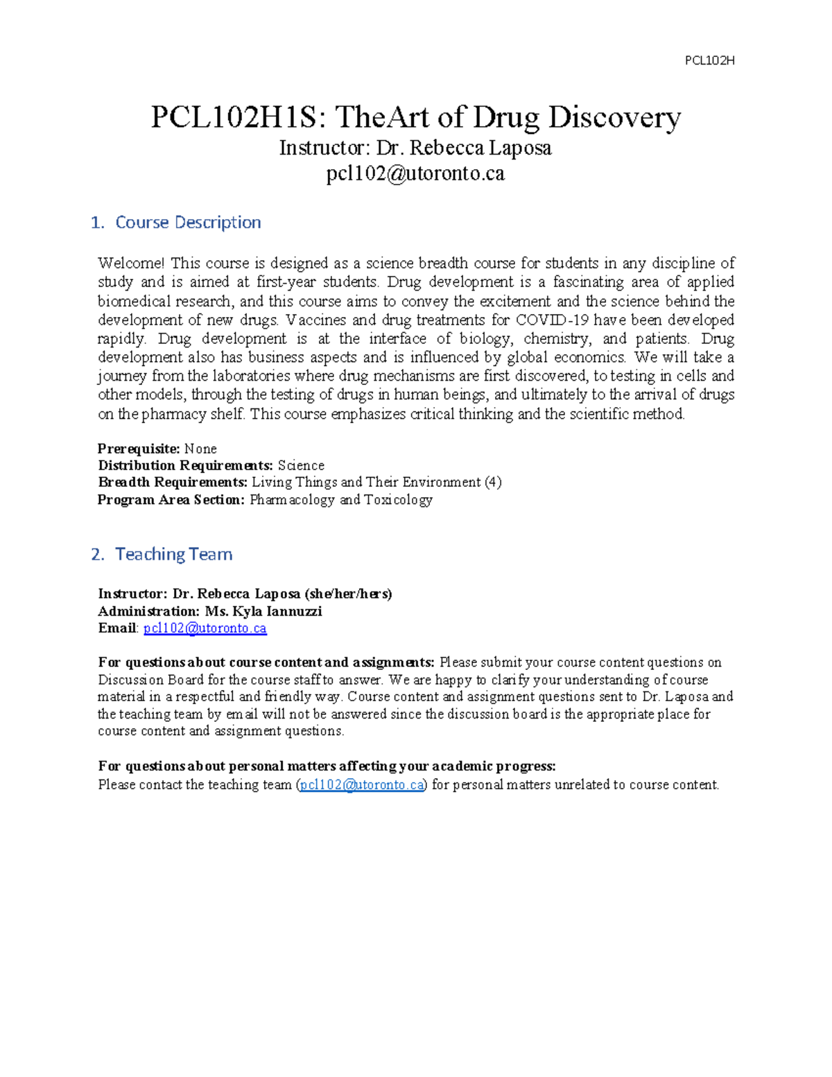 PCL102H1S: Syllabus for The Art of Drug Discovery Course - Studocu