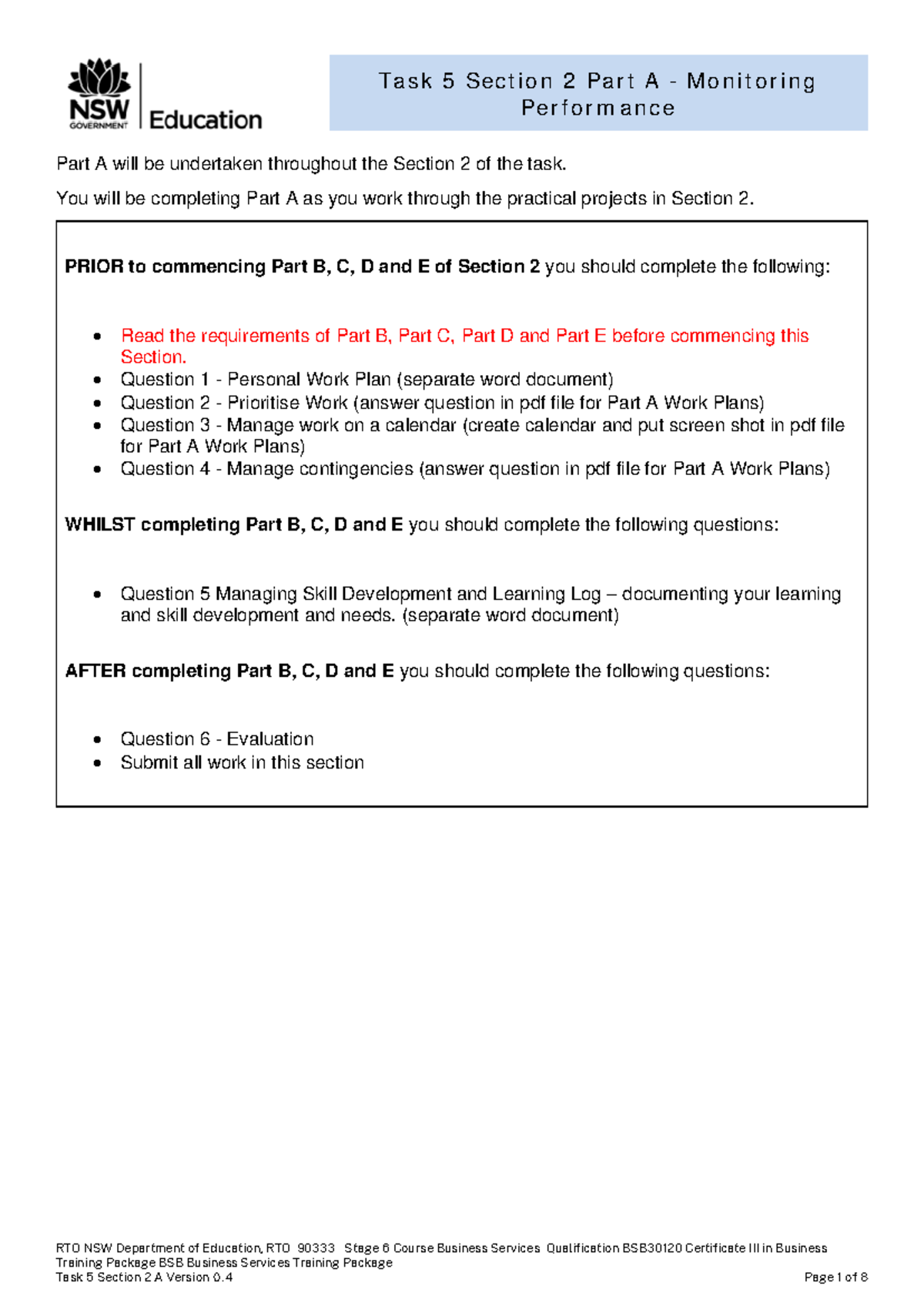 "BSB30120 Task 5 Sec 2 Part A: Monitoring Performance & Planning" - Studocu