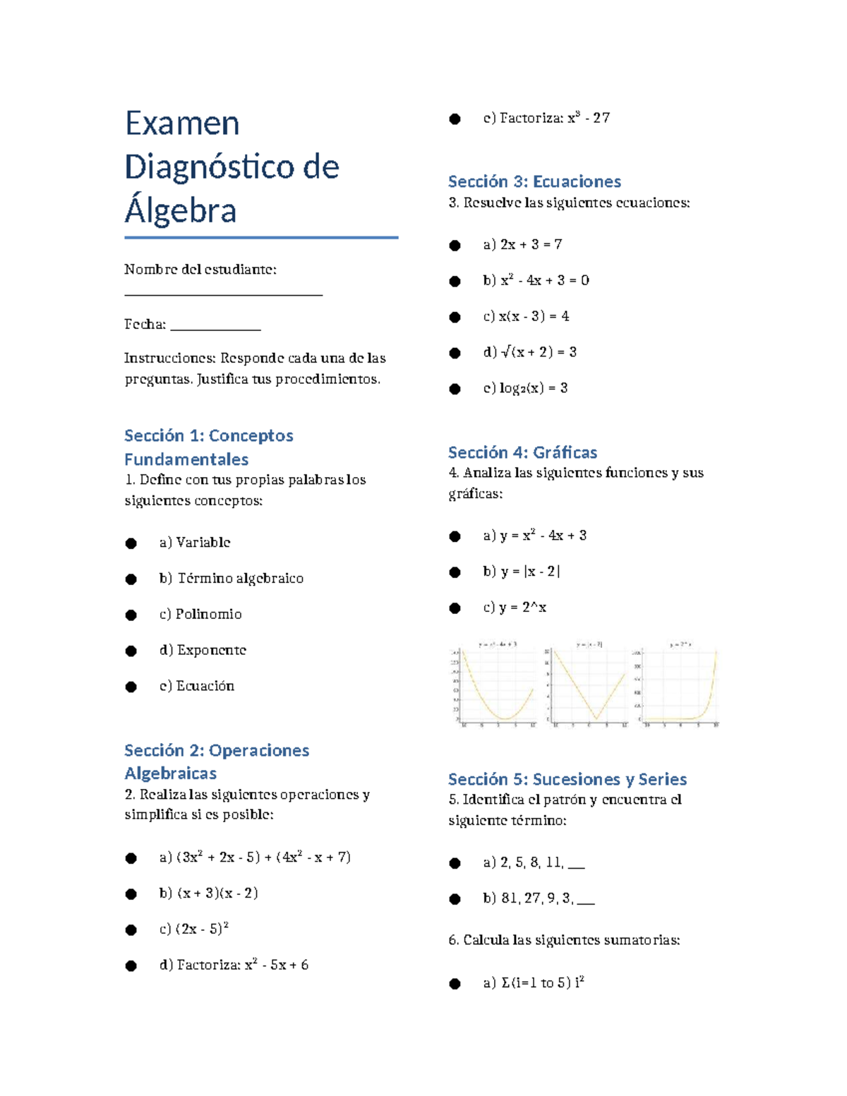 Examen Diagnóstico de Álgebra: Secciones y Ejercicios - Studocu