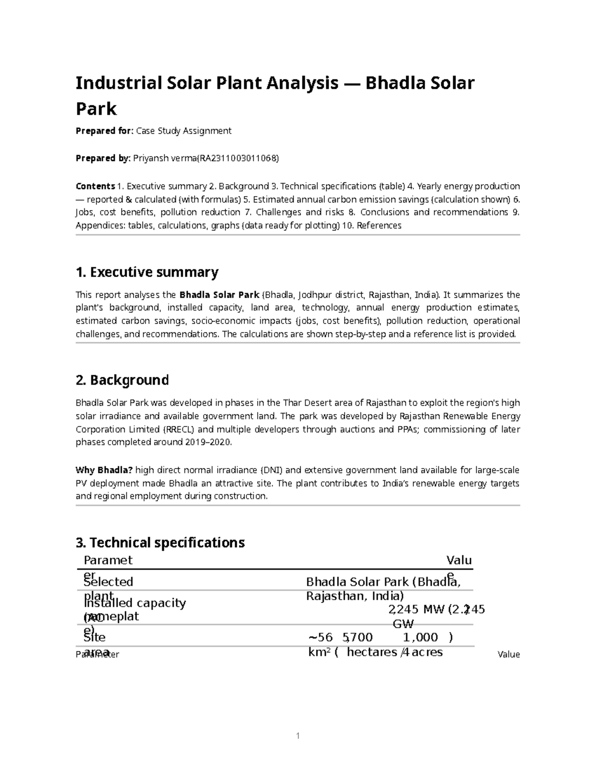Bhadla Solar Park Case Study Analysis (RA2311003011068) - Studocu