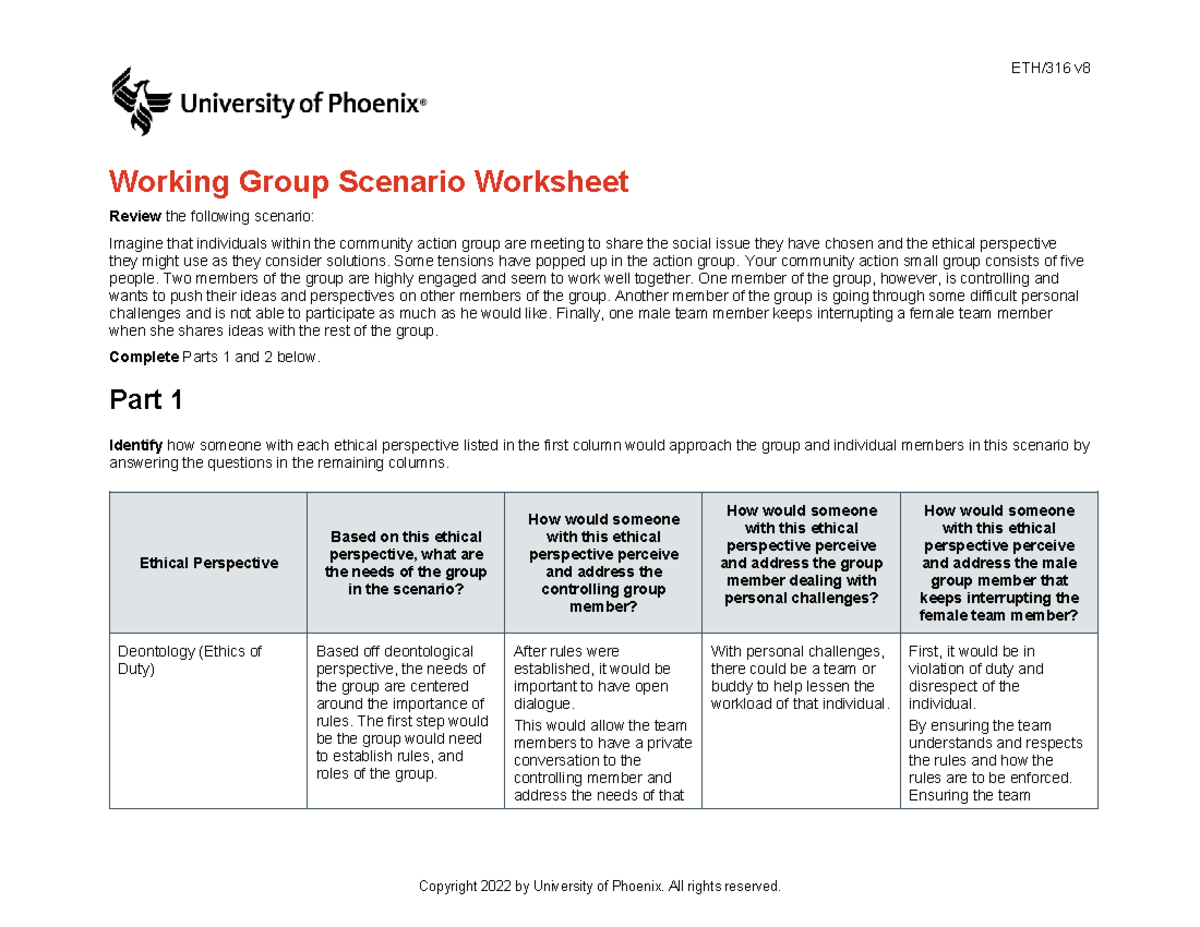 ETH/316 v8 Week 4 Working Group Scenario Worksheet Analysis - Studocu