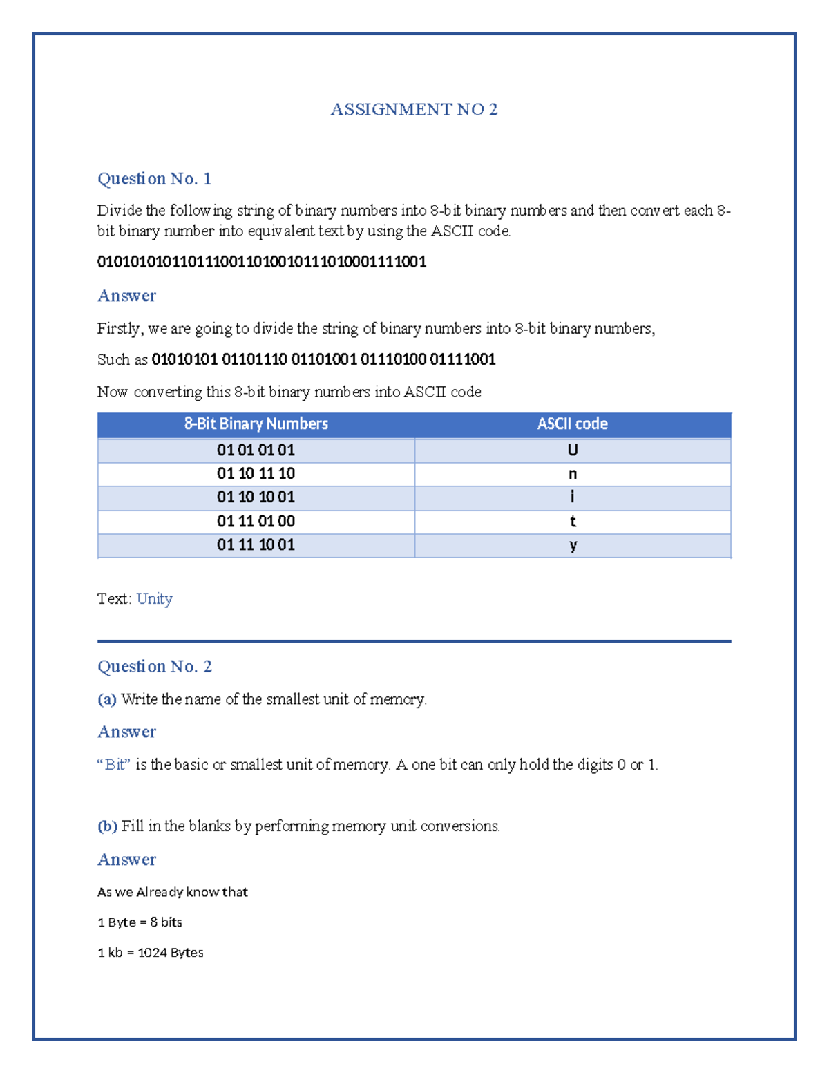 CS101 Assignment no 1 - ASSIGNMENT NO 2 Question No. 1 Divide the ...