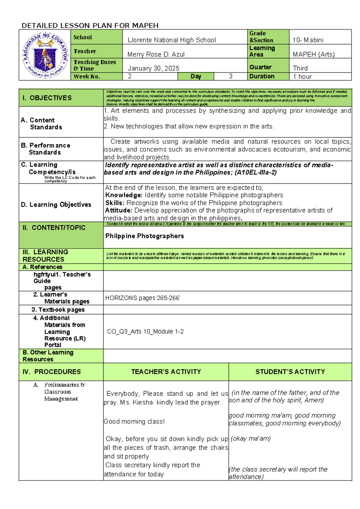 LP Photographers - lesson plan pe10 - School Llorente National High ...