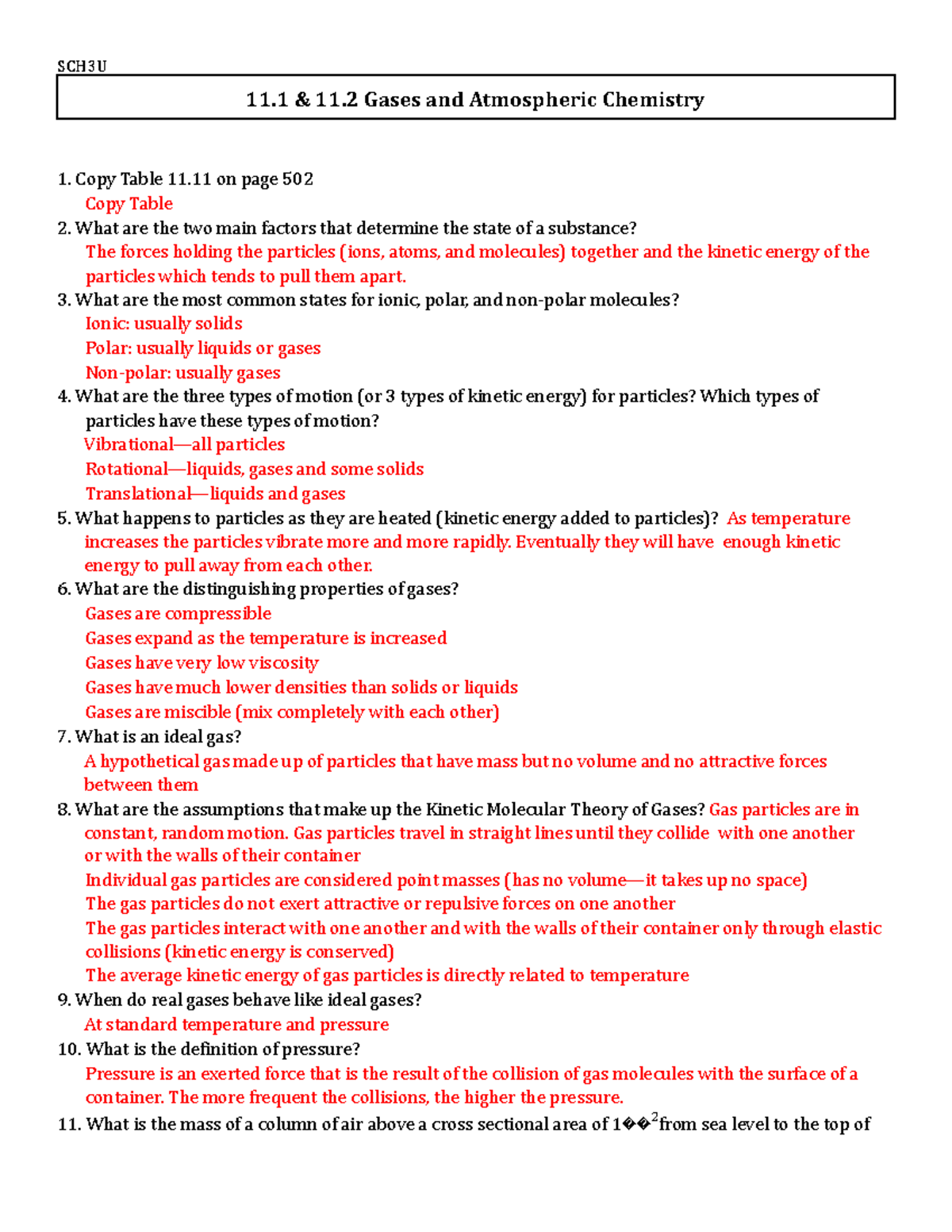 1 In-Class Work - Gases and Atmospheric Chemistry Answers - SCH3U 11 ...
