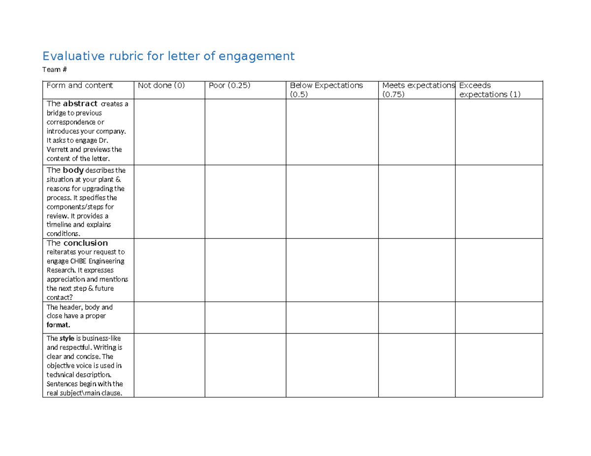 Letter of engagement evaluative rubric - Evaluative rubric for letter ...