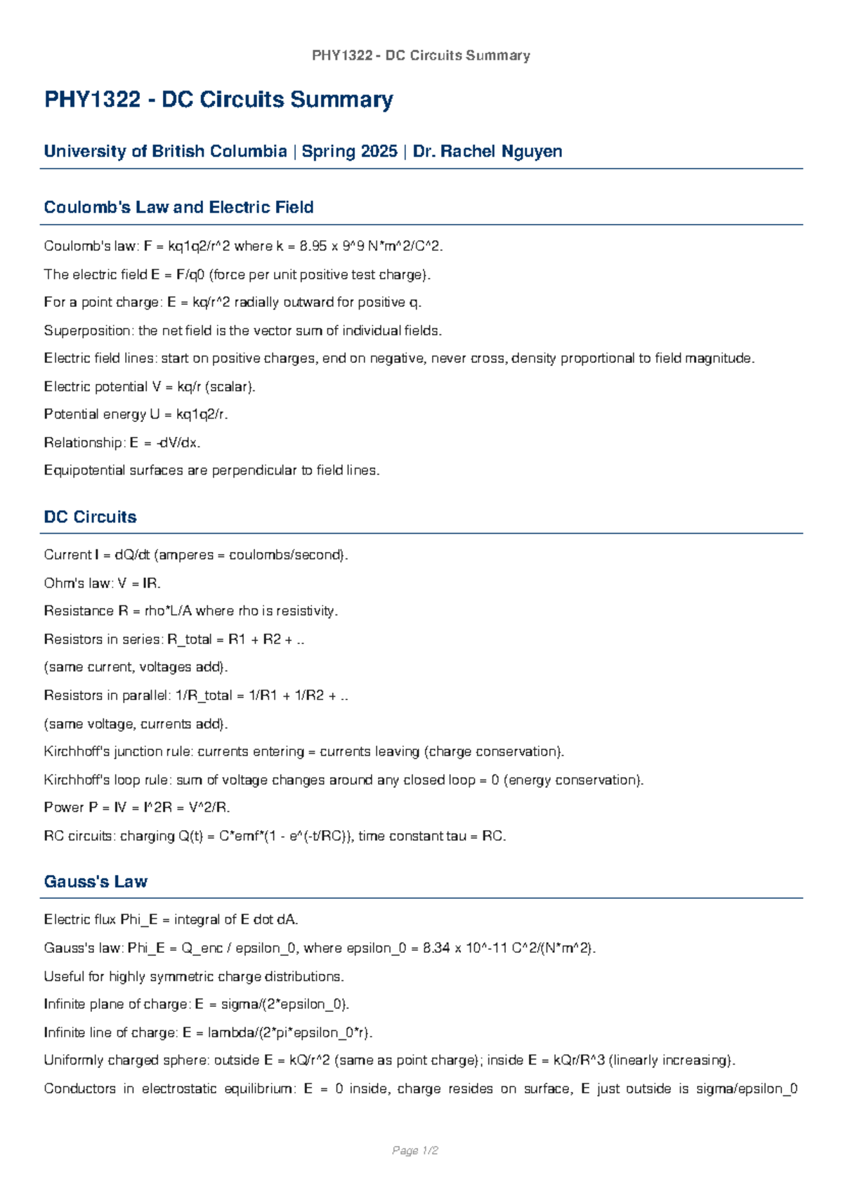 PHY1322 Final Exam Study Notes on DC Circuits and Electric Fields - Studocu